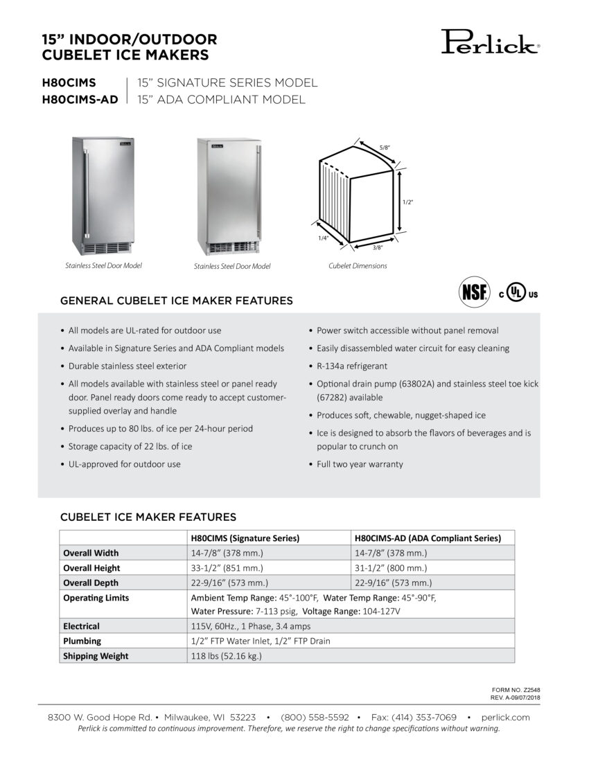 Perlick 15-In Signature Series Left Hinge Cubelet Ice Maker
