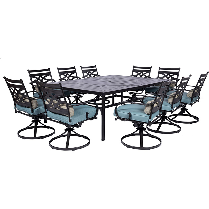 Hanover Montclair 11 Piece Dining Set in Tan with 10 Swivel Rockers and A 60 in. x 84 in. Table